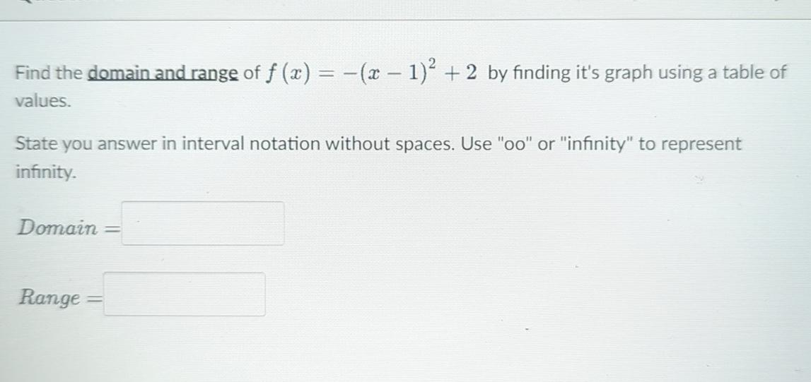 Solved Find the domain and range of f(x)=-(x-1)2+2 ﻿by | Chegg.com