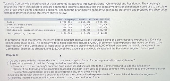 Solved Redo the intern's segmented income statement using | Chegg.com