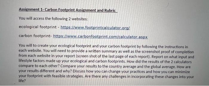 Assignment 1-Carbon Footprint Assignment and Rubric | Chegg.com