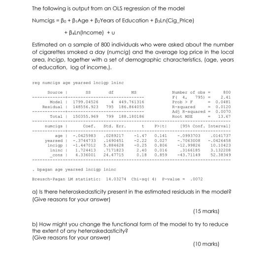 Solved The following is output from an OLs regression of the | Chegg.com