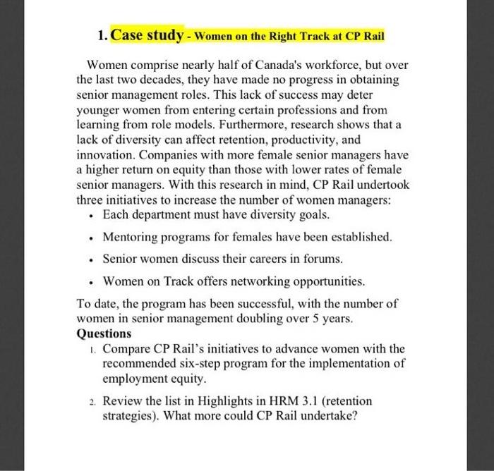 Solved 1. Case study - Women on the Right Track at CP Rail | Chegg.com