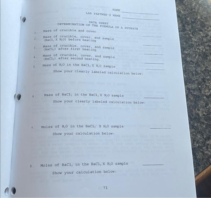 Solved DATA SHEET DETBRMINATION OF THB FORMULA OF A HYDRATB | Chegg.com