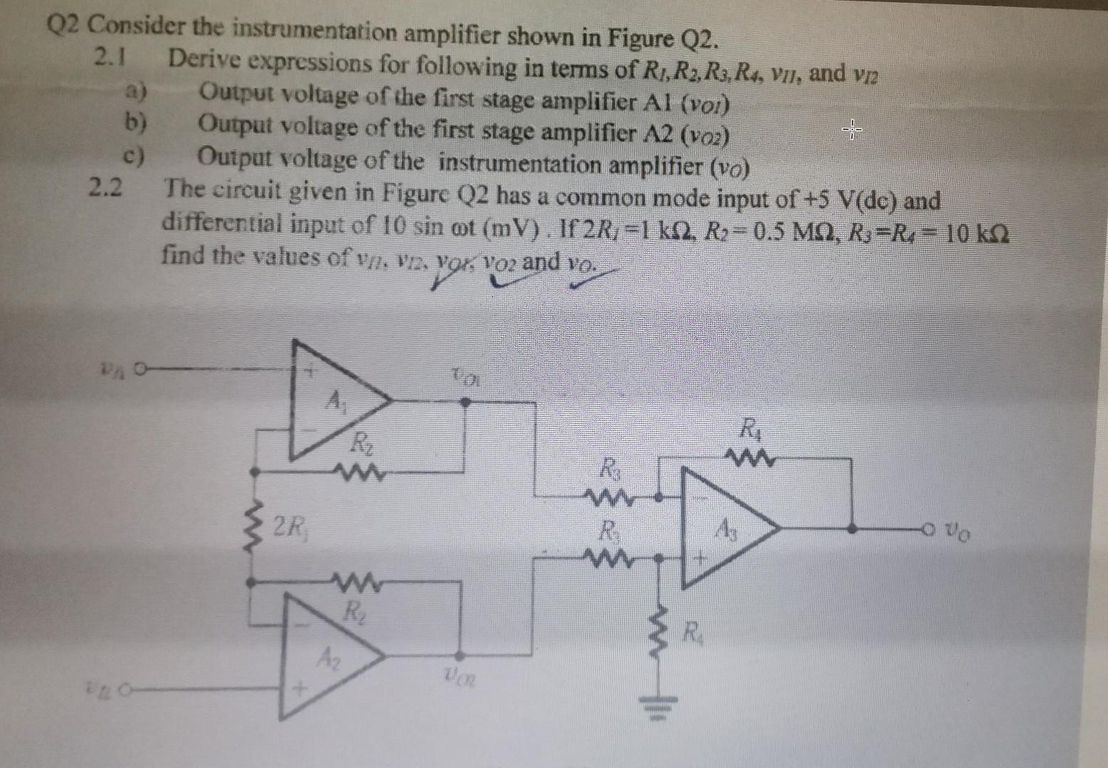 Solved Q2 Consider the instrumentation amplifier shown in | Chegg.com