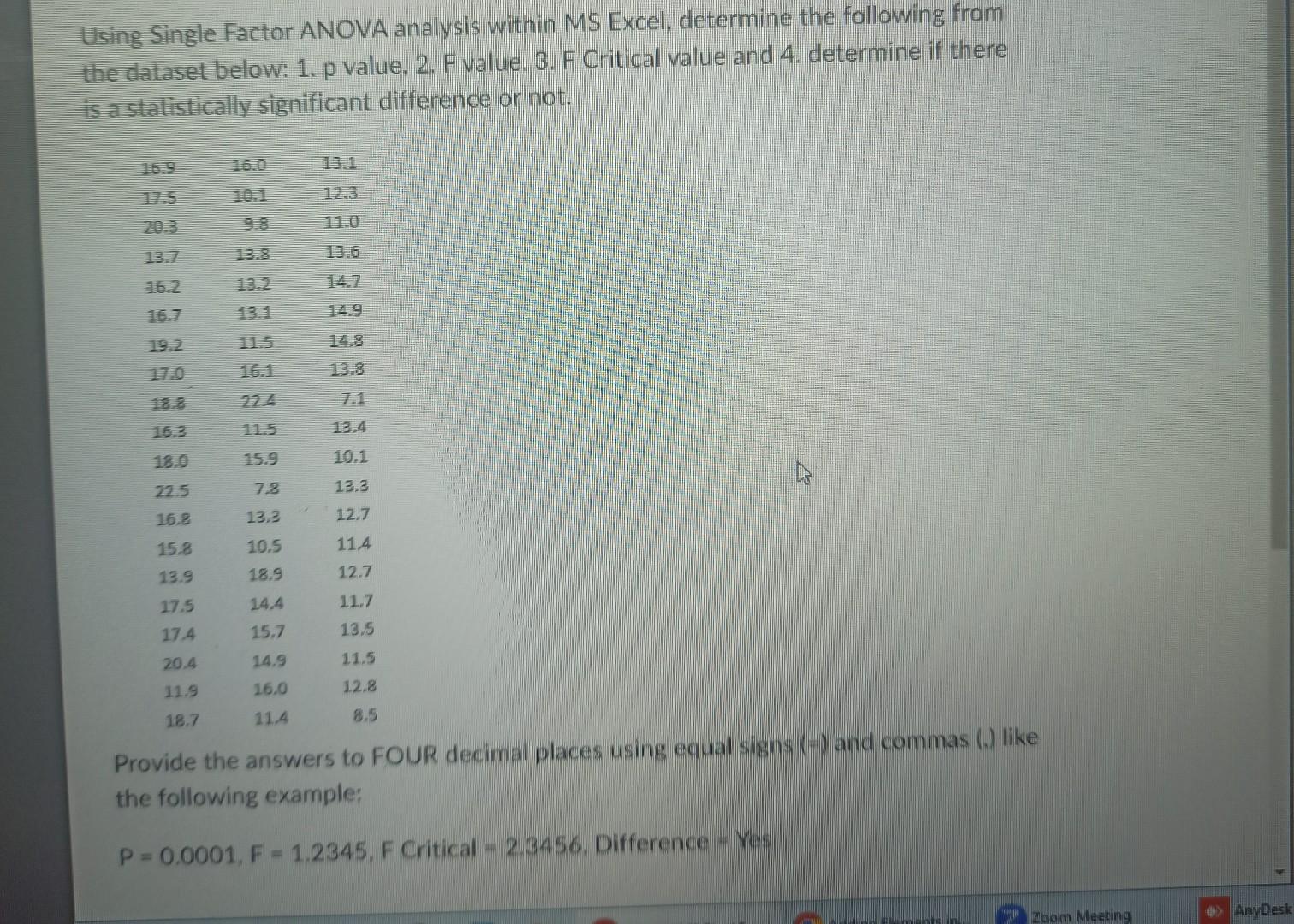 Solved Using Single Factor ANOVA analysis within MS Excel, | Chegg.com
