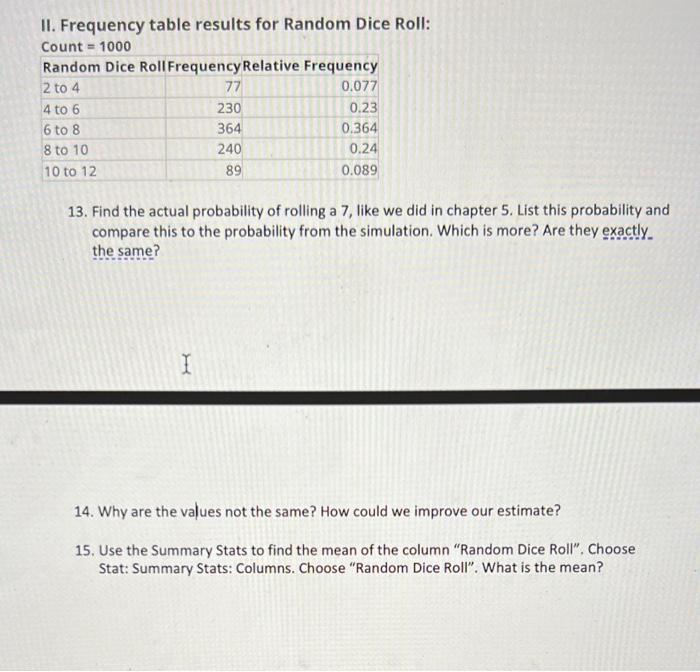 Solved II. Frequency table results for Random Dice Roll: | Chegg.com