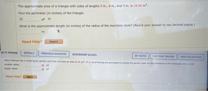 Solved The approximate area of a triangle with sides of | Chegg.com
