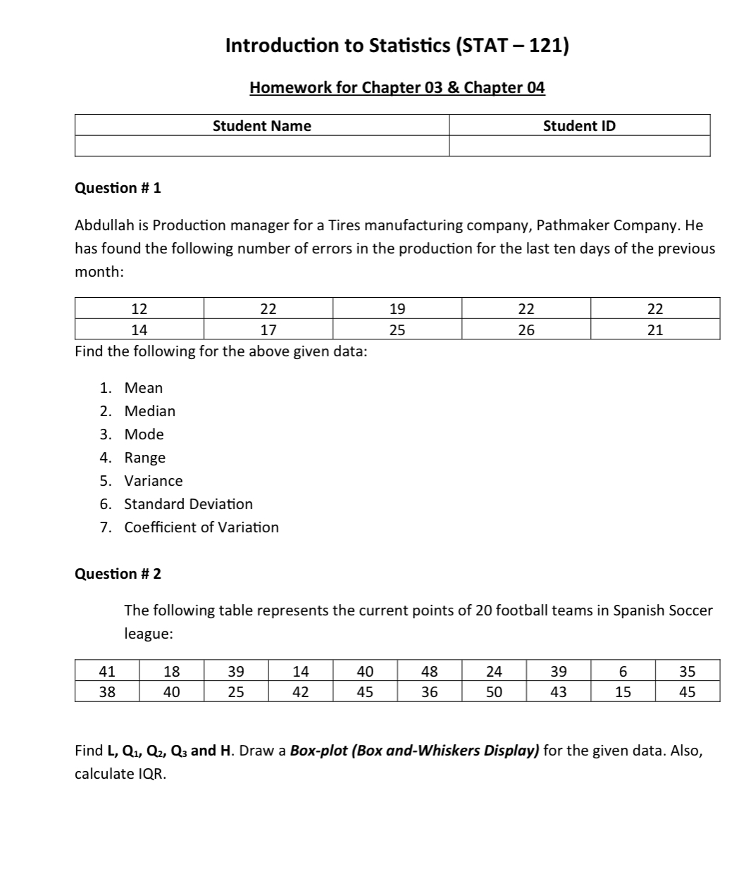 Solved Introduction to Statistics (STAT - 121)Homework for | Chegg.com