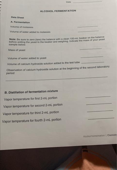Data Sheet A. Fermentation Volume of molasses Volume | Chegg.com
