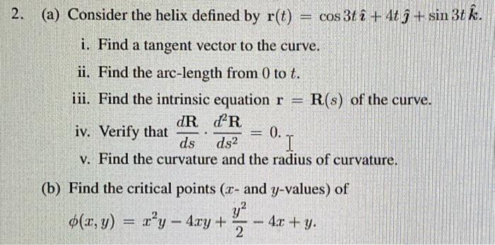 Solved (a) Consider the helix defined by | Chegg.com