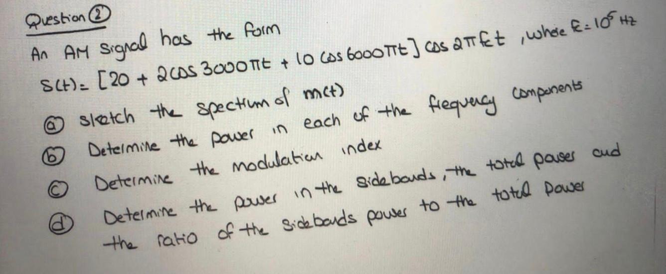 Solved Question An AM signal has the form s(+). [20 + 2 cos | Chegg.com