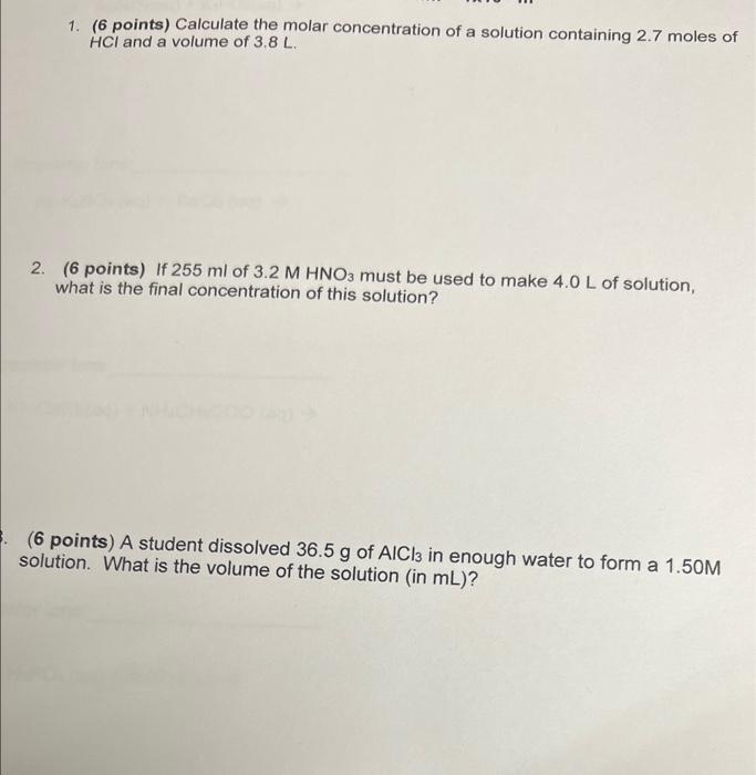 Solved 1. (6 points) Calculate the molar concentration of a | Chegg.com