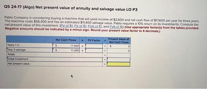 Solved QS 24-17 (Algo) Net present value of annuity and | Chegg.com