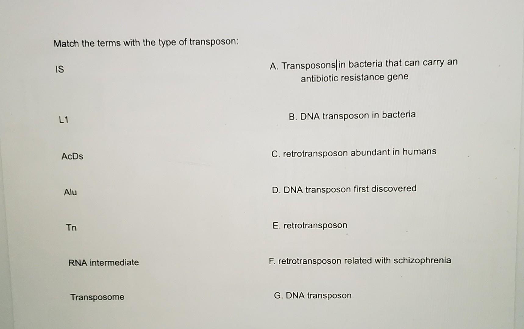 Solved Match the terms with the type of transposon: IS A. | Chegg.com