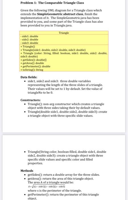 Solved Problem 1: The Comparable Triangle Class Given the | Chegg.com