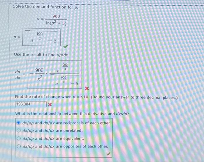 Solved Solve the demand function for p. p=ln(p2+5)900 Use | Chegg.com