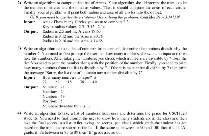 Solved 2 Write An Algorithm To Compute The Area Of Circles
