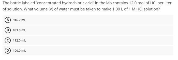 Solved The bottle labeled "concentrated hydrochloric acid" | Chegg.com