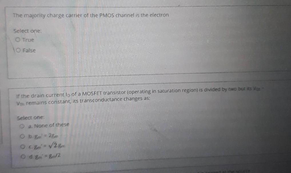 Solved The majority charge carrier of the PMOs channel is | Chegg.com