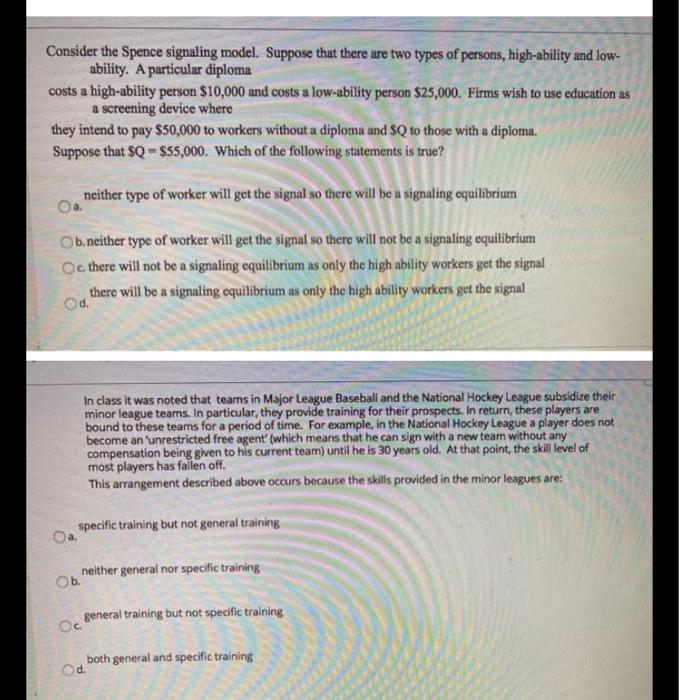 Solved Consider the Spence signaling model. Suppose that | Chegg.com