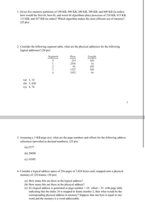 Solved 1. Given five memory partitions of 100 KB, 500 KB, | Chegg.com