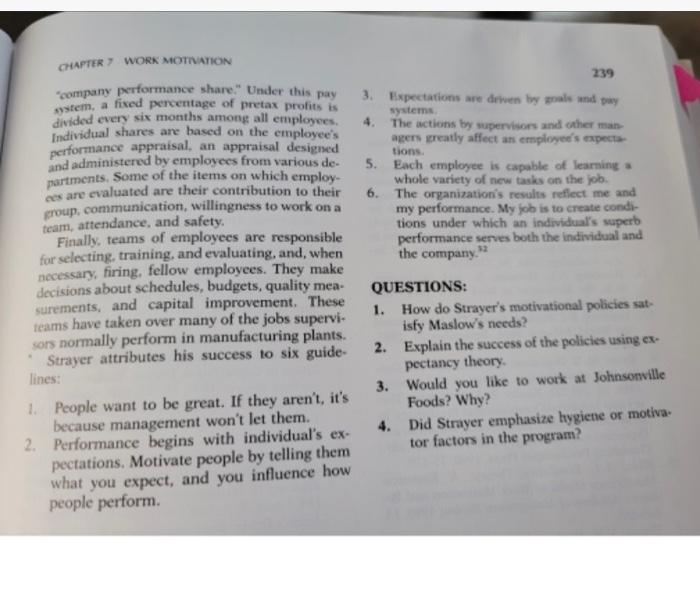 MOTIVATING WORKERS AT JOHNSONVILLE SAUSAGE WKet katph | Chegg.com