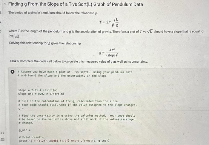 Solved Finding g From the Slope of a T vs Sqrt(L) Graph of | Chegg.com