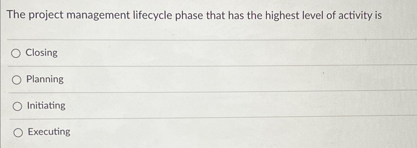 Solved The project management lifecycle phase that has the | Chegg.com