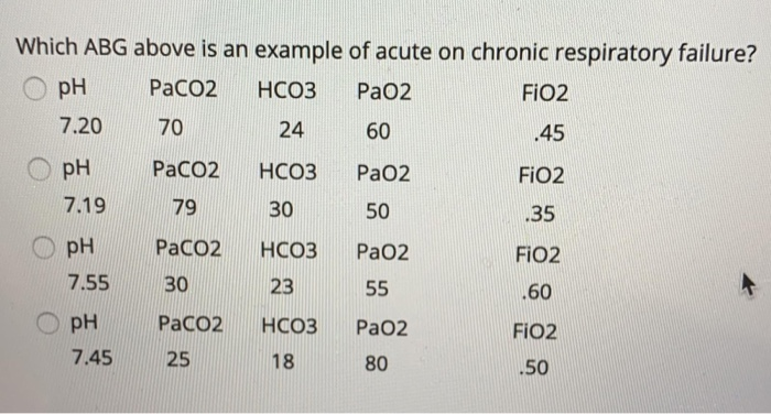 Solved Which ABG above is an example of acute on chronic | Chegg.com