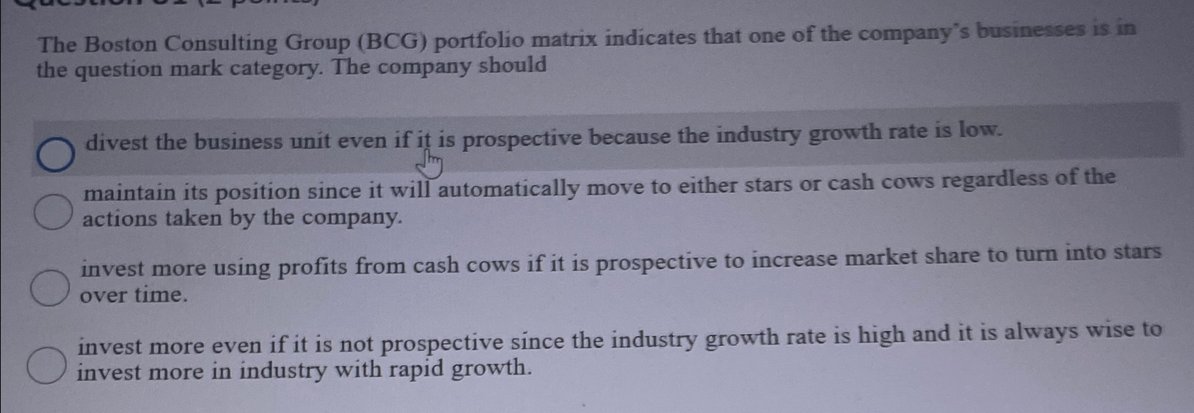 Solved The Boston Consulting Group (BCG) ﻿portfolio matrix | Chegg.com