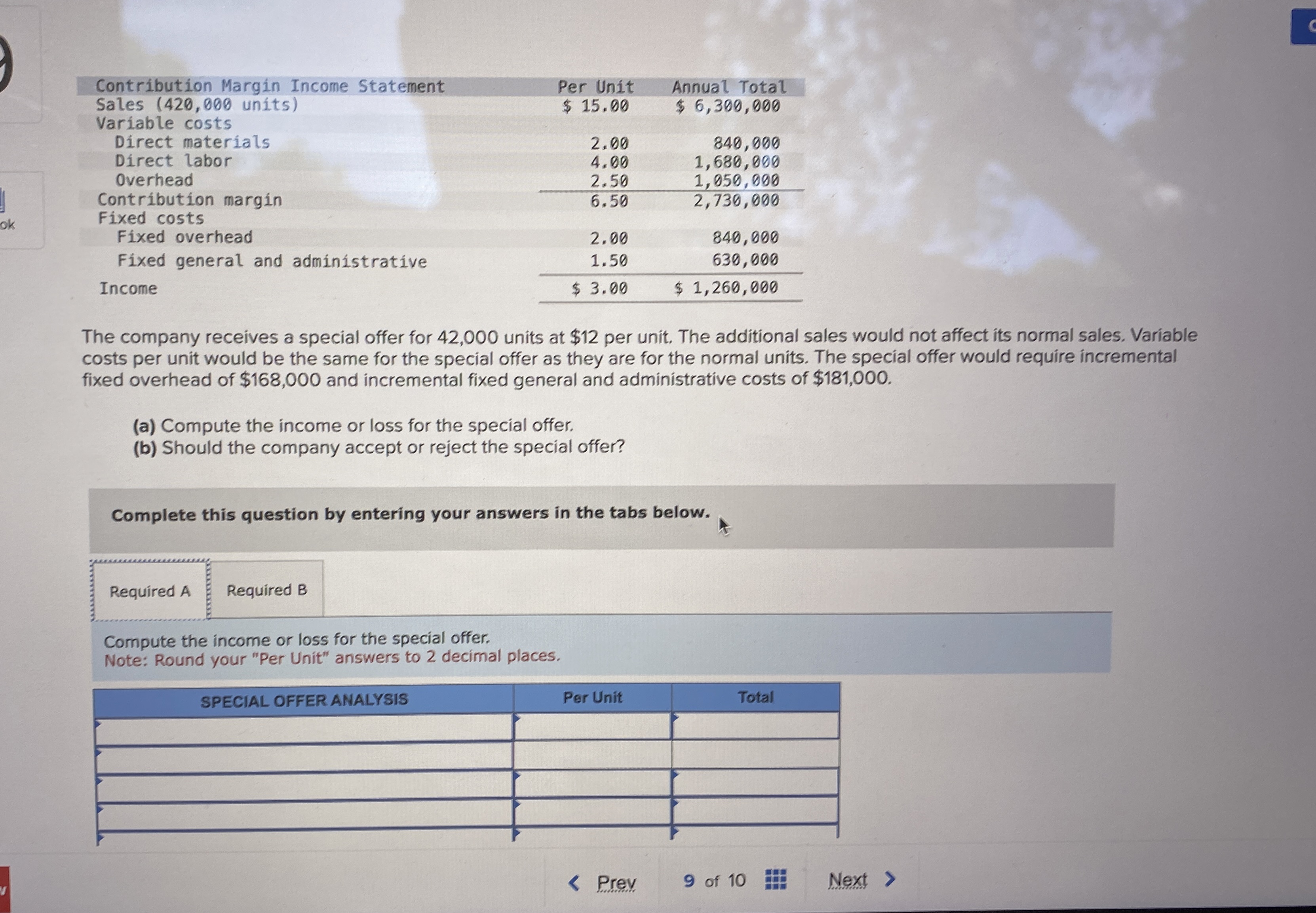 Solved \table[[Contribution Margín Income Statement,Per | Chegg.com