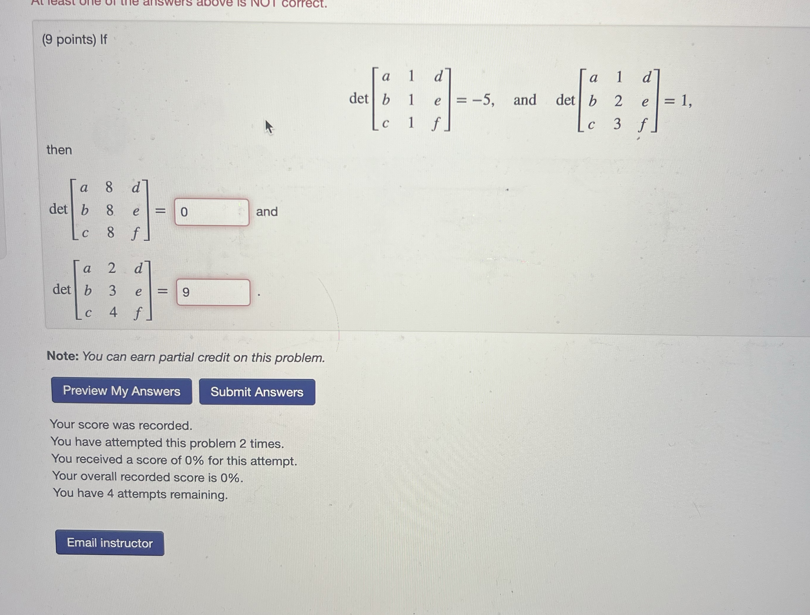 Solved (9 ﻿points) ﻿Ifdet[a1db1ec1f]=-5, ﻿and | Chegg.com
