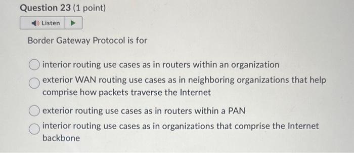 Solved Border Gateway Protocol is for interior routing use | Chegg.com