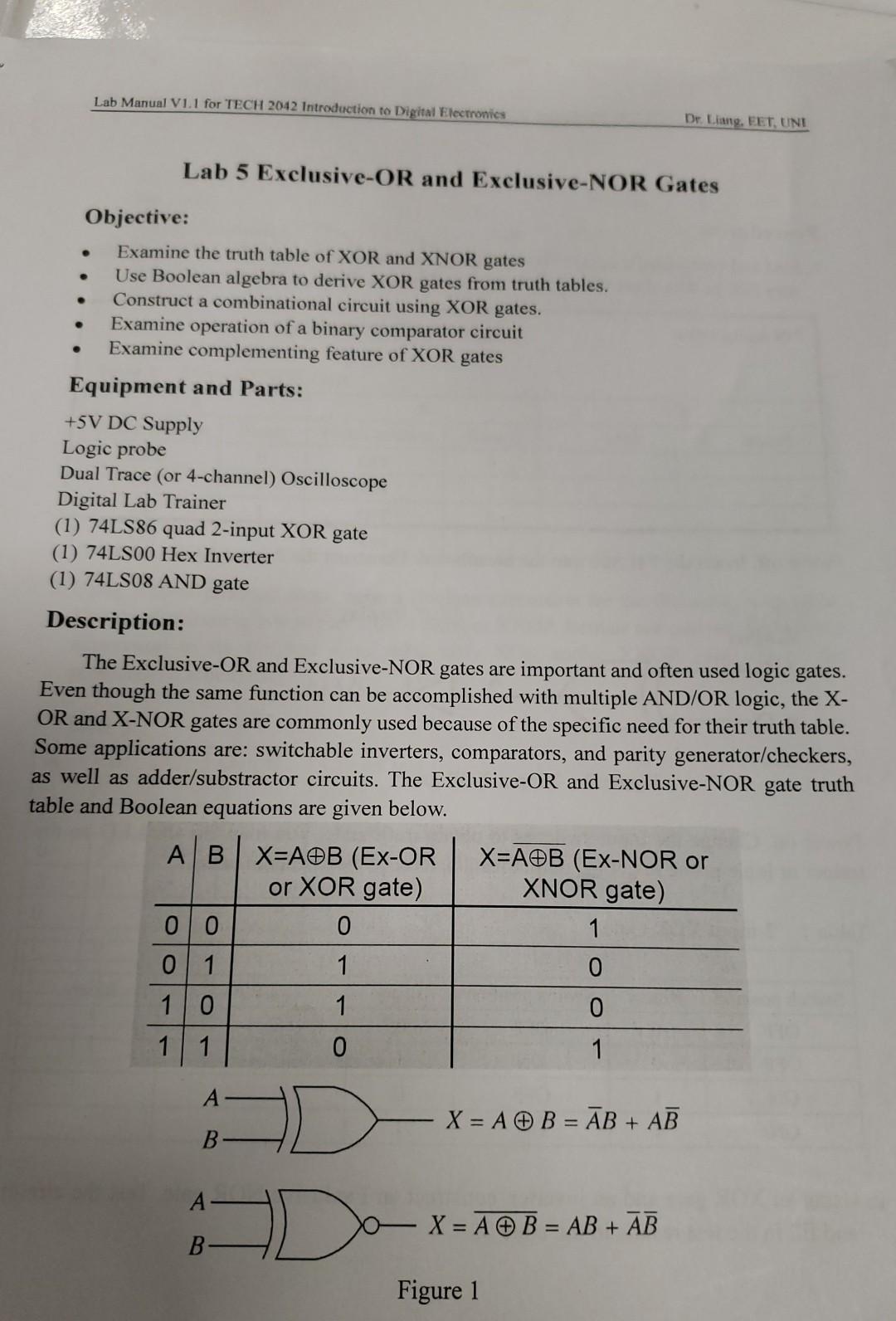Solved Lab 5 Exclusive-OR and Exclusive-NOR Gates Objective: | Chegg.com