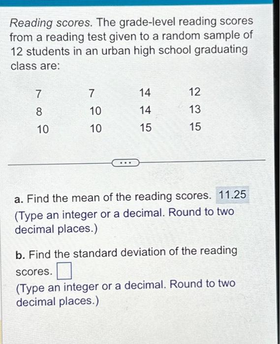 Solved Reading scores. The grade-level reading scores from a | Chegg.com