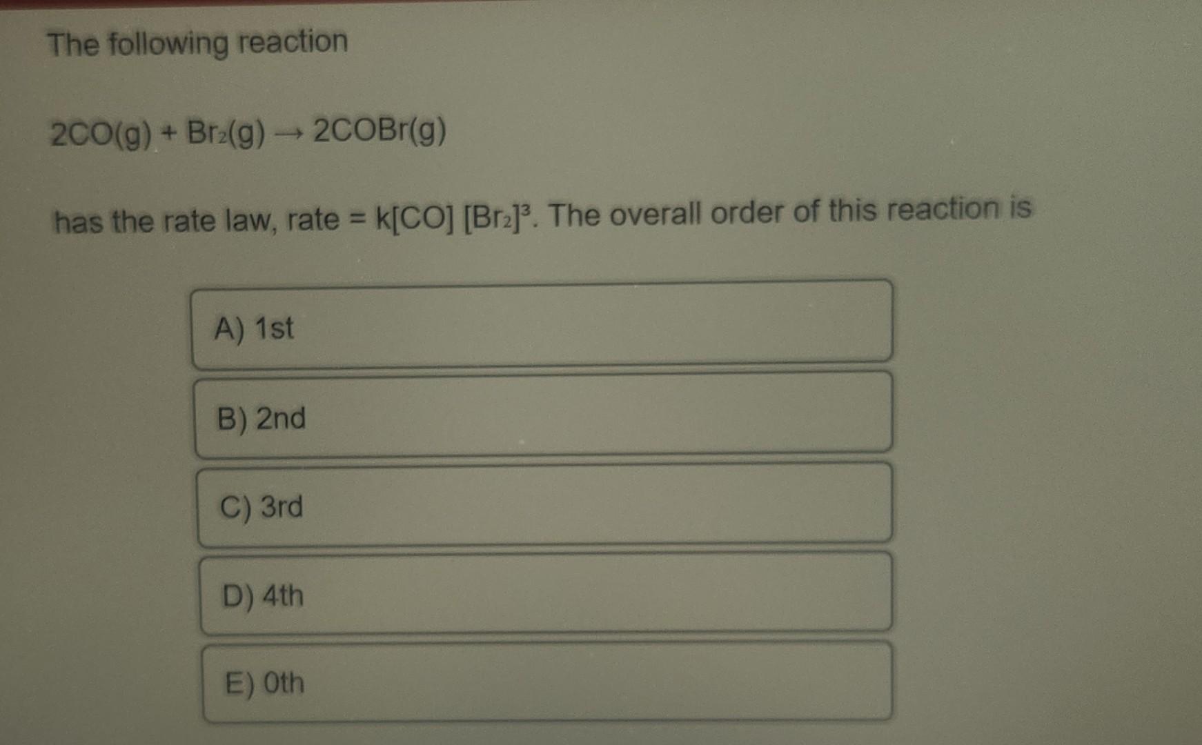 Solved The following reaction 2CO(g)+Br2( g)→2COBr(g) has | Chegg.com