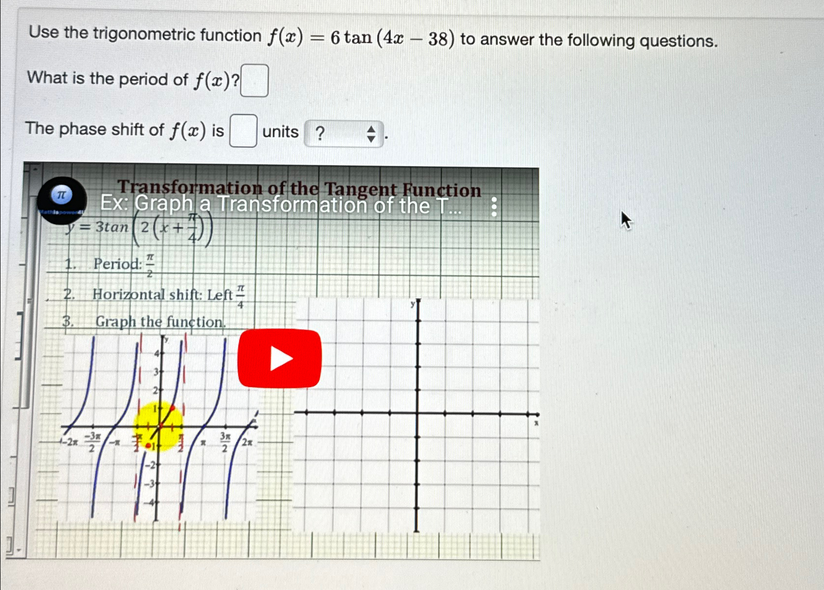 Solved Use the trigonometric function f(x)=6tan(4x-38) ﻿to | Chegg.com