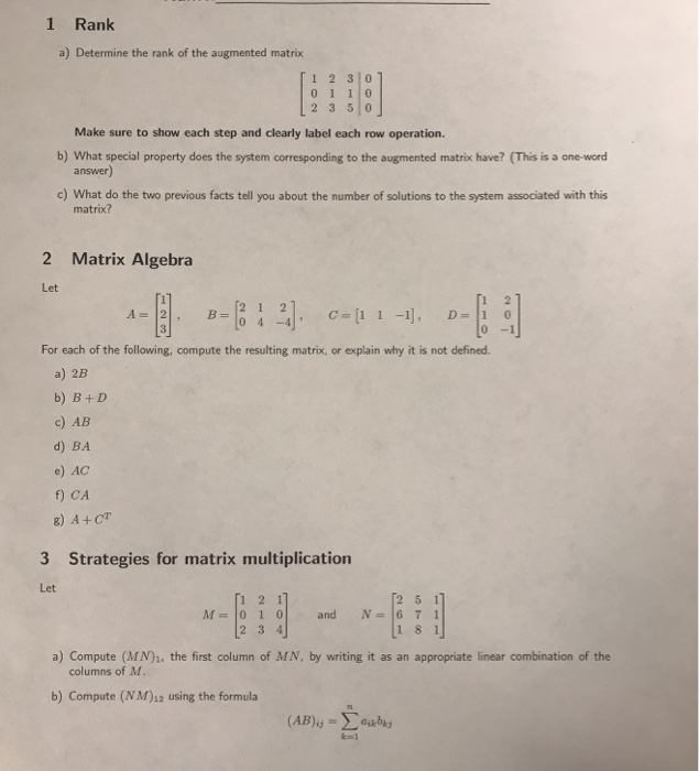 Solved 1 Rank a) Determine the rank of the augmented matrix | Chegg.com