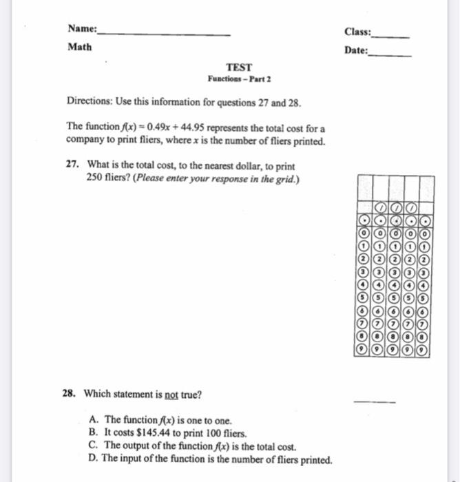 Solved Class Date Name Math Test Functions Part 2 1466