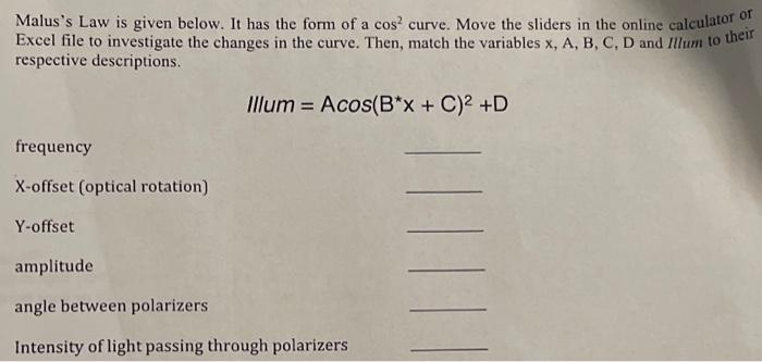 Solved Malus's Law is given below. It has the form of a cos | Chegg.com