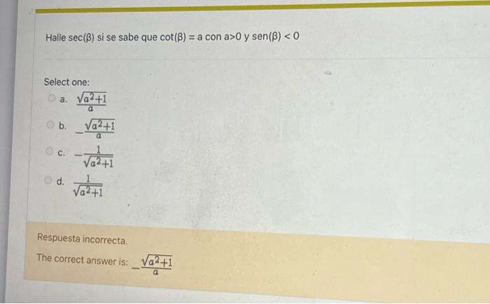 Solved Halle sec (B) if it is known that cot (B) = a with | Chegg.com