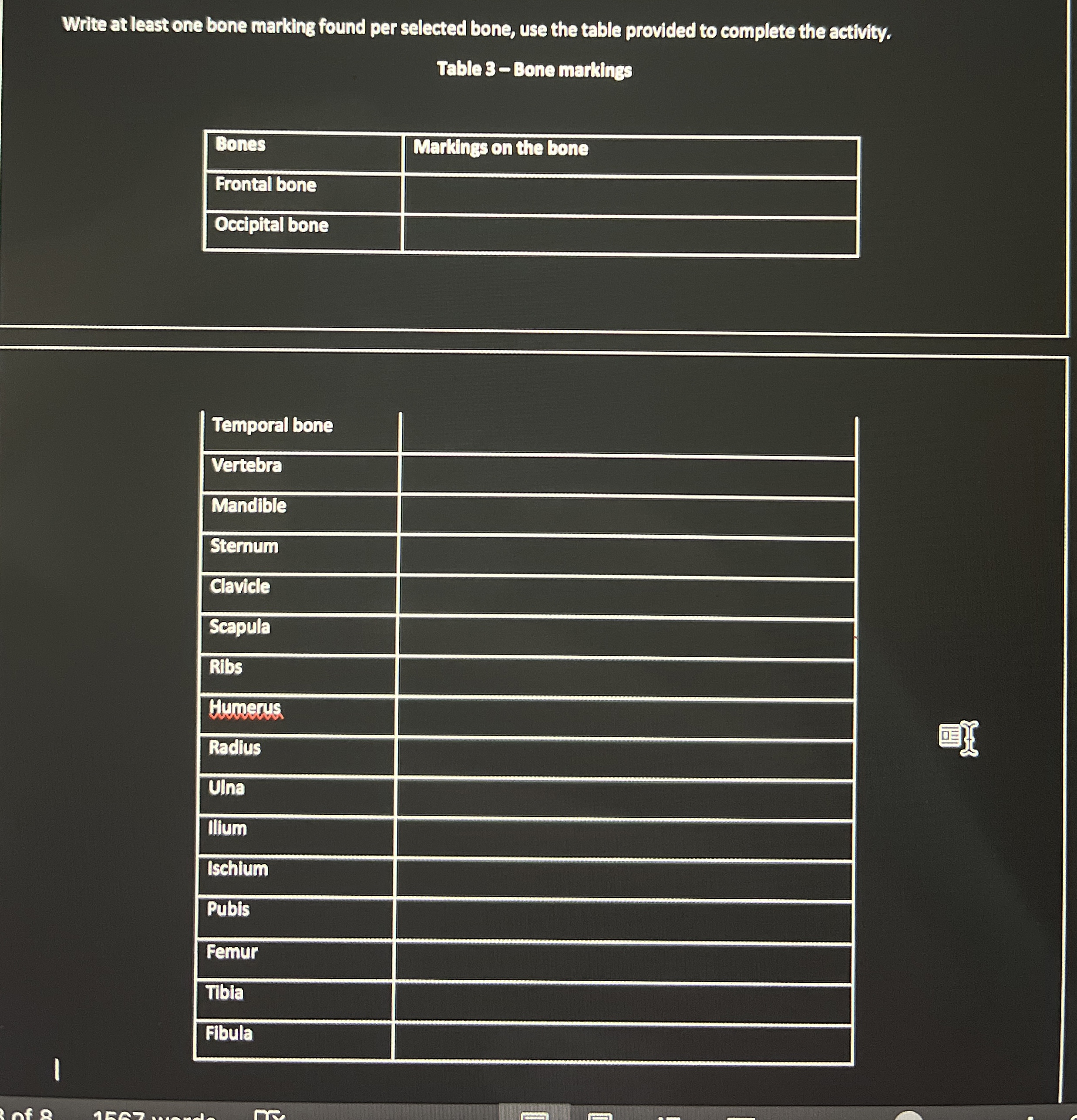 Solved Write at least one bone marking found per selected | Chegg.com