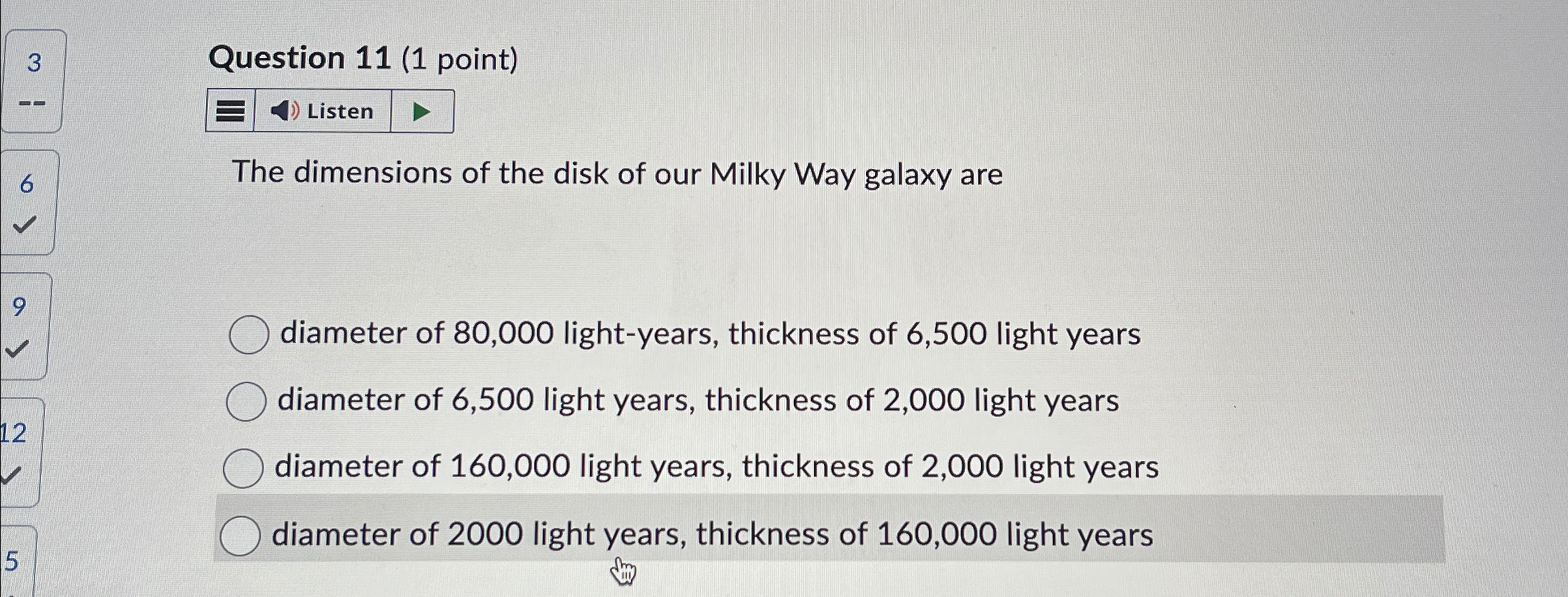 Solved 3Question 11 (1 ﻿point)ListenThe dimensions of the | Chegg.com