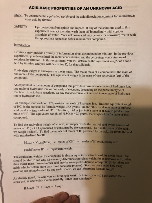 Solved ACID-BASE PROPERTIES OF AN UNKNOWN ACID Object: To | Chegg.com