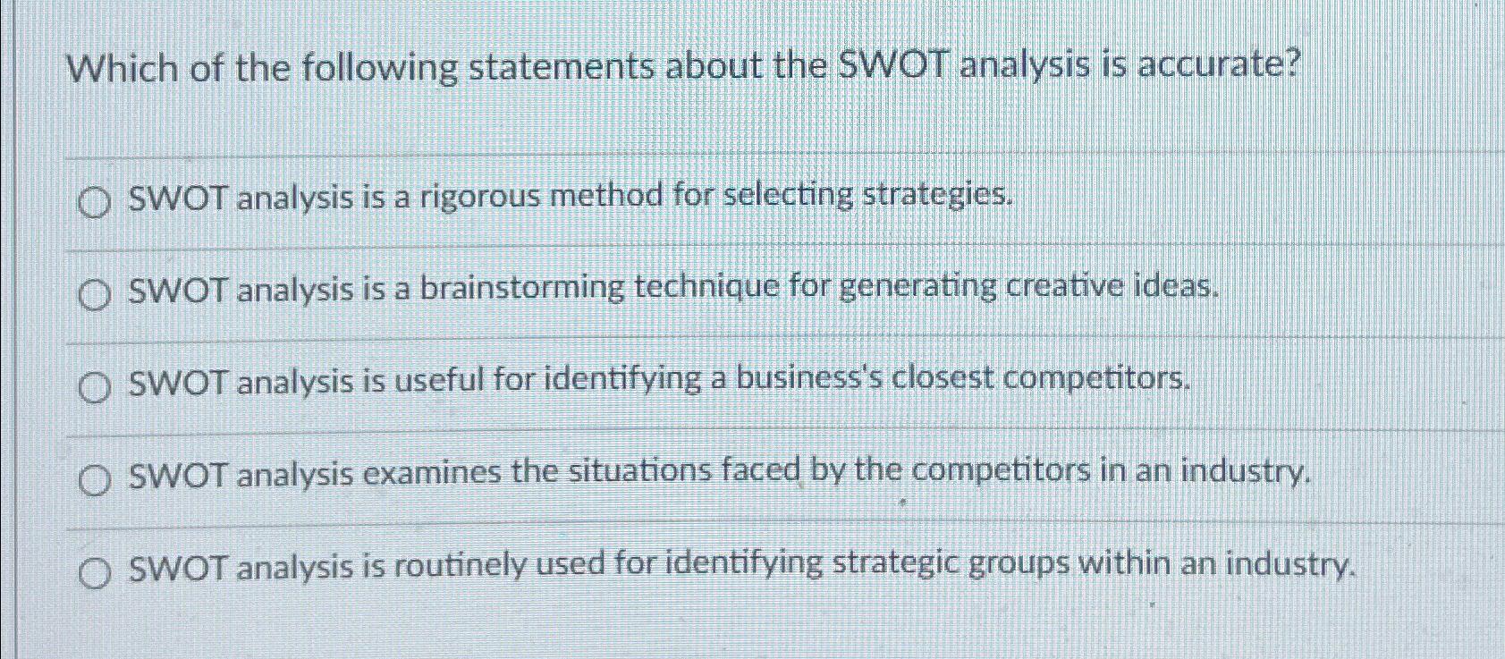 Solved Which of the following statements about the SWOT | Chegg.com