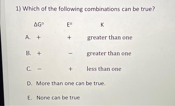 Solved 1) Which of the following combinations can be true? | Chegg.com