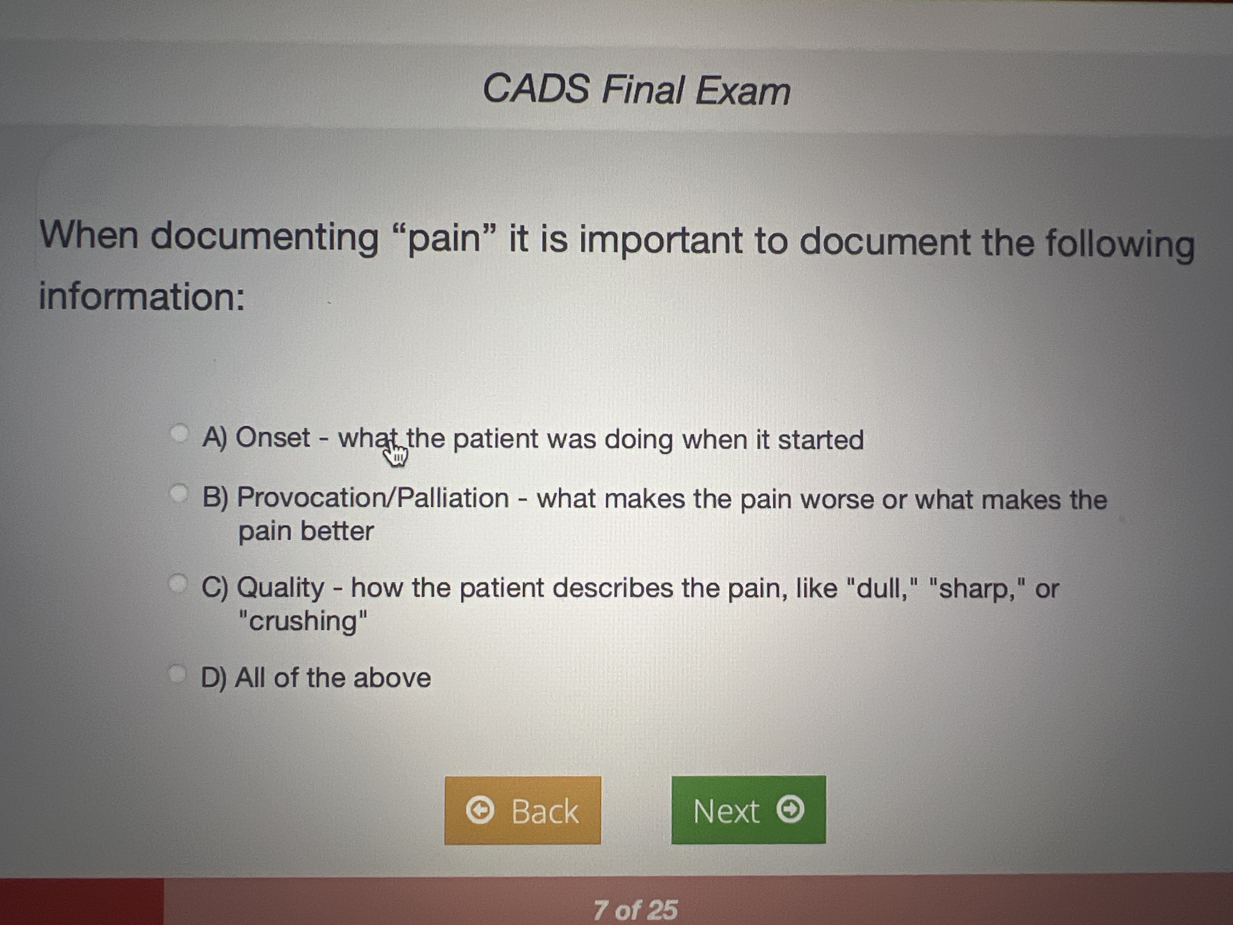 Solved CADS Final ExamWhen documenting "pain" it is | Chegg.com