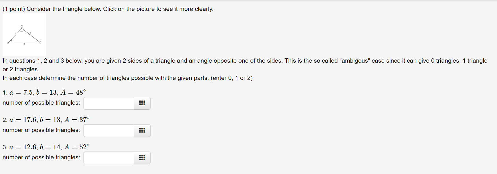 Solved (1 ﻿point) ﻿Consider the triangle below. Click on the | Chegg.com