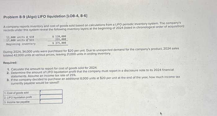 Solved Problem 8-9 (Algo) LIFO liquidation [LO8-4, 8-6] A | Chegg.com