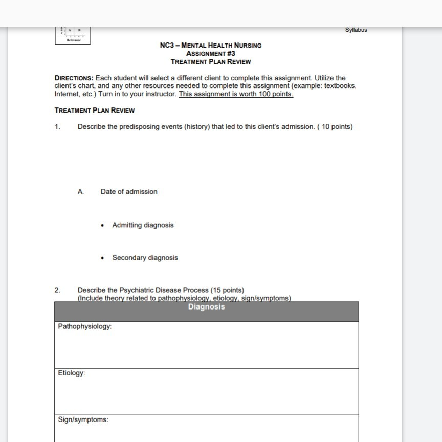 Solved Syllabus NC3 - MENTAL HEALTH NURSING ASSIGNMENT #3 | Chegg.com