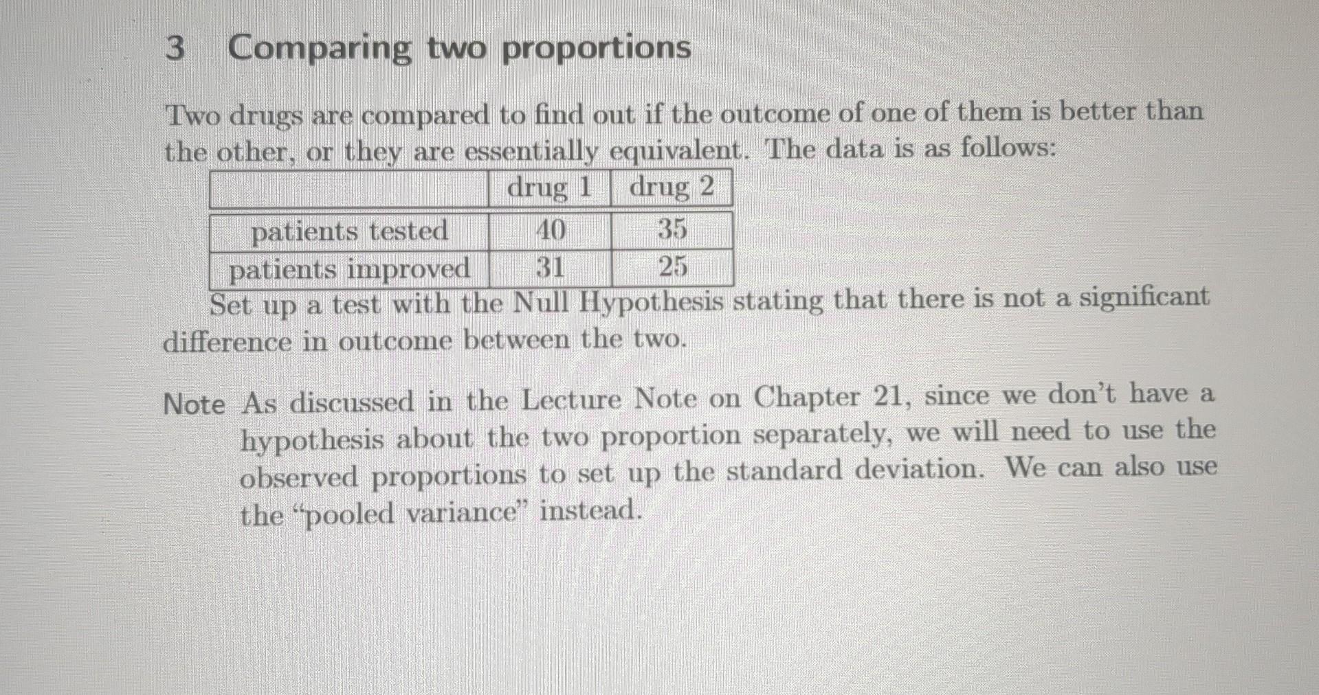Solved 3 Comparing two proportions Two drugs are compared to | Chegg.com